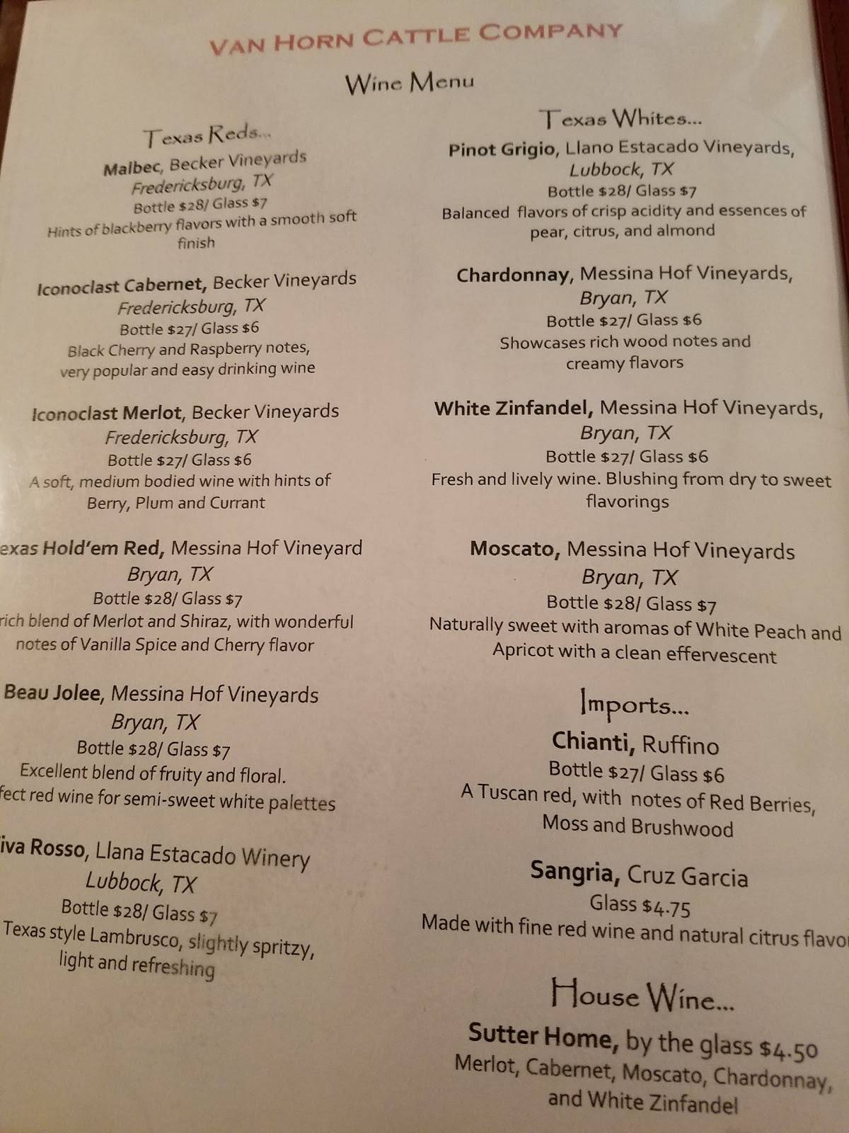 Menu at Van Horn Cattle Company steakhouse, Van Horn