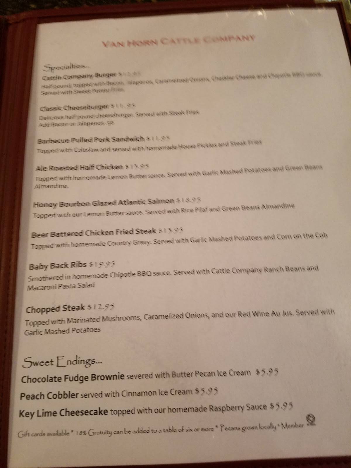 Menu at Van Horn Cattle Company steakhouse, Van Horn