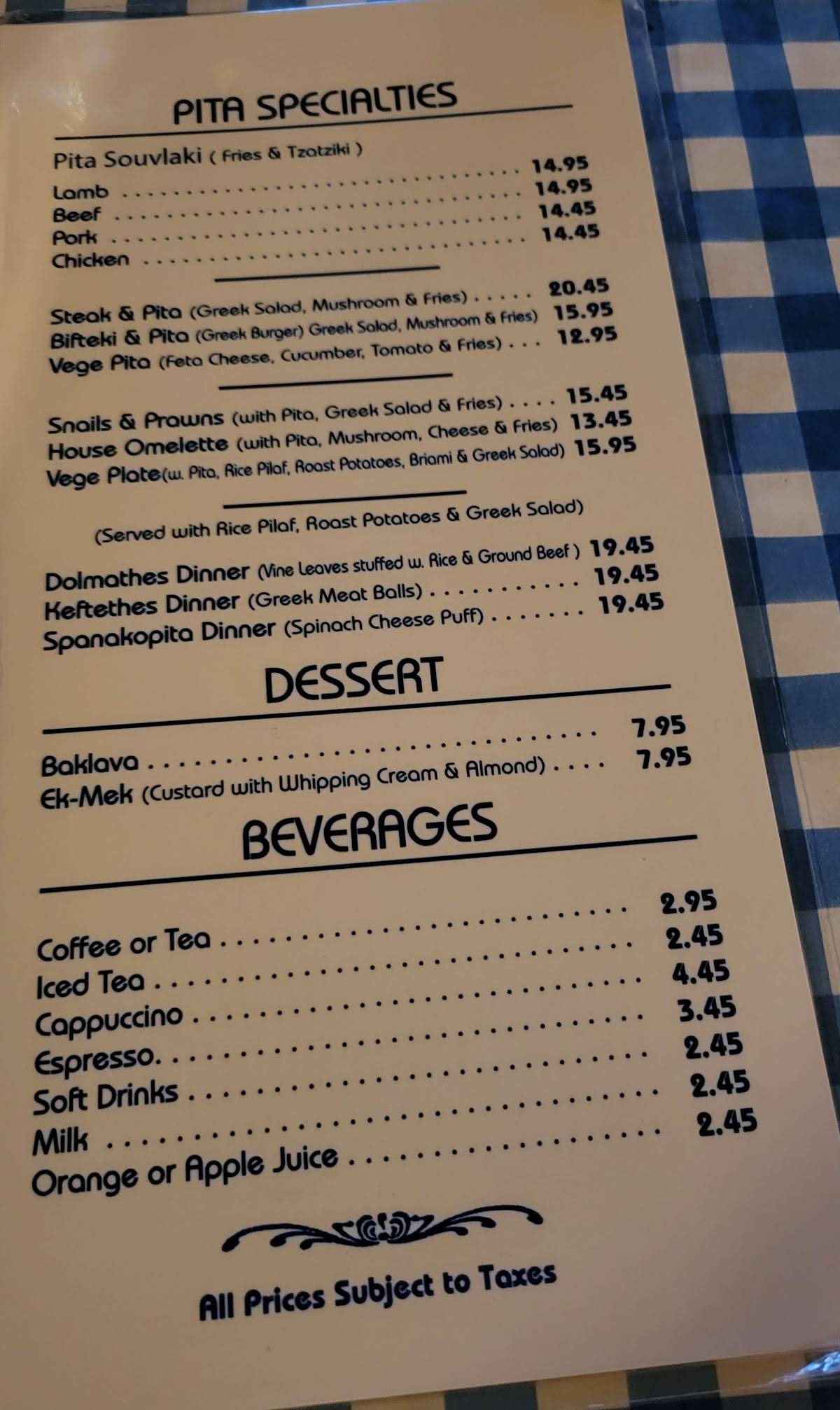 Menu at Stepho's Souvlaki Greek Taverna restaurant, Vancouver, Davie St