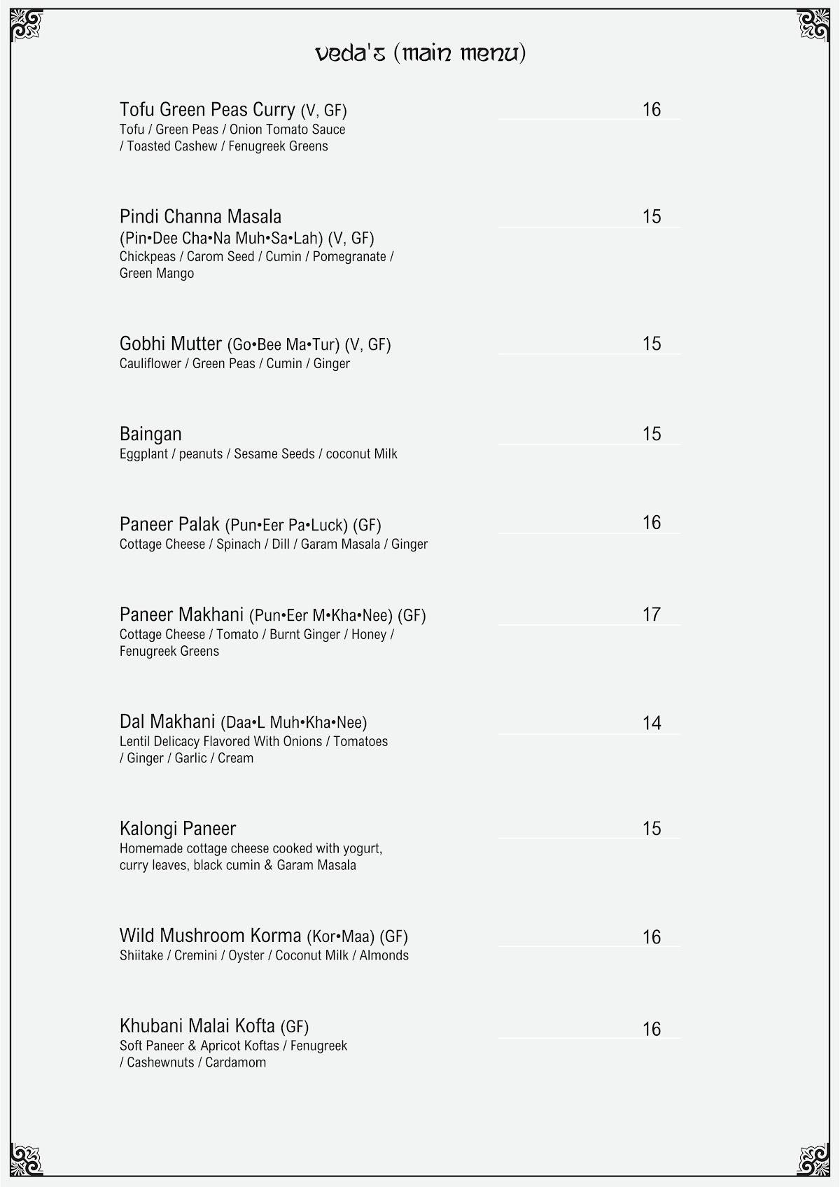 Menu at Veda Tenafly NJ Indian BYOB NJ Restaurant (Contemporary Indian ...