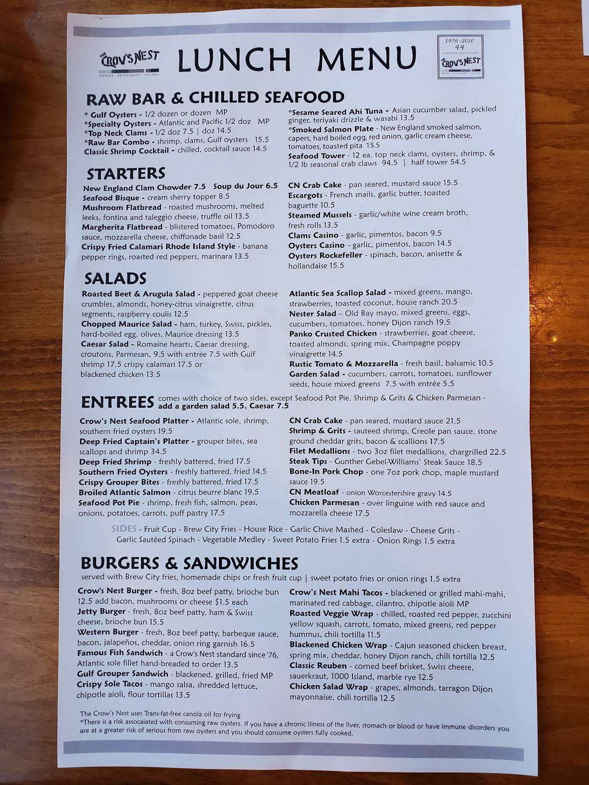 Menu at Crow's Nest Restaurant, Tavern & Marina, Venice