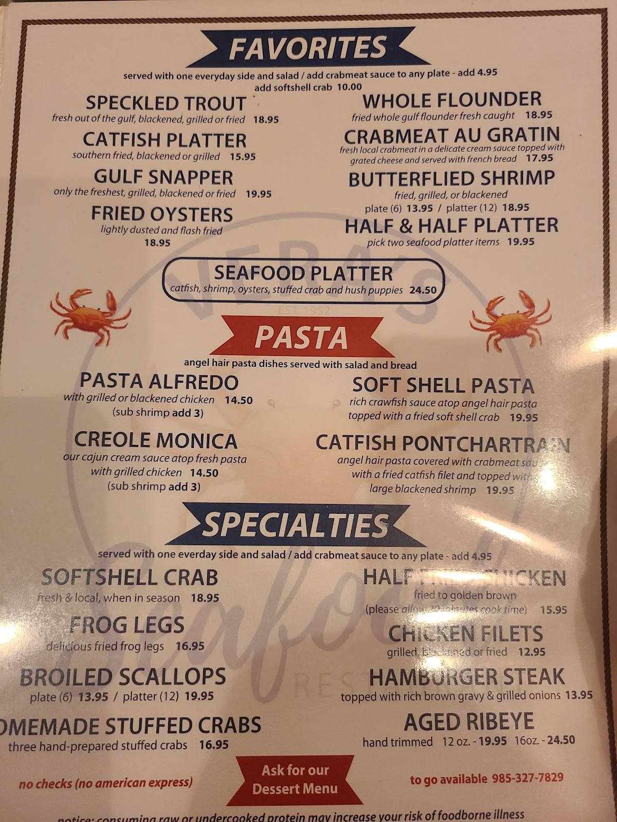 Menu at Vera’s Seafood Abita Springs restaurant, Abita Springs