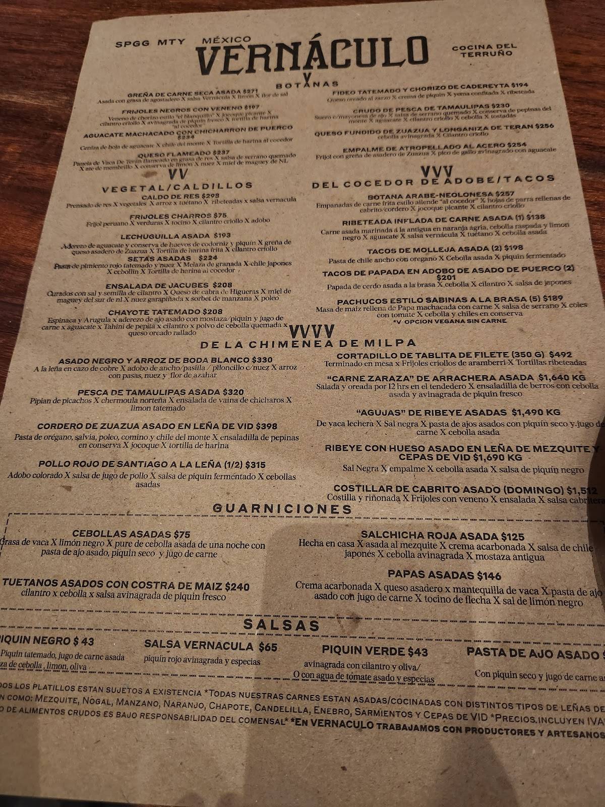 Carta del restaurante Vernáculo, San Pedro Garza García