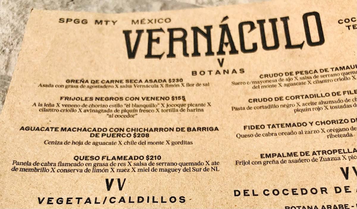 Carta del restaurante Vernáculo, San Pedro Garza García