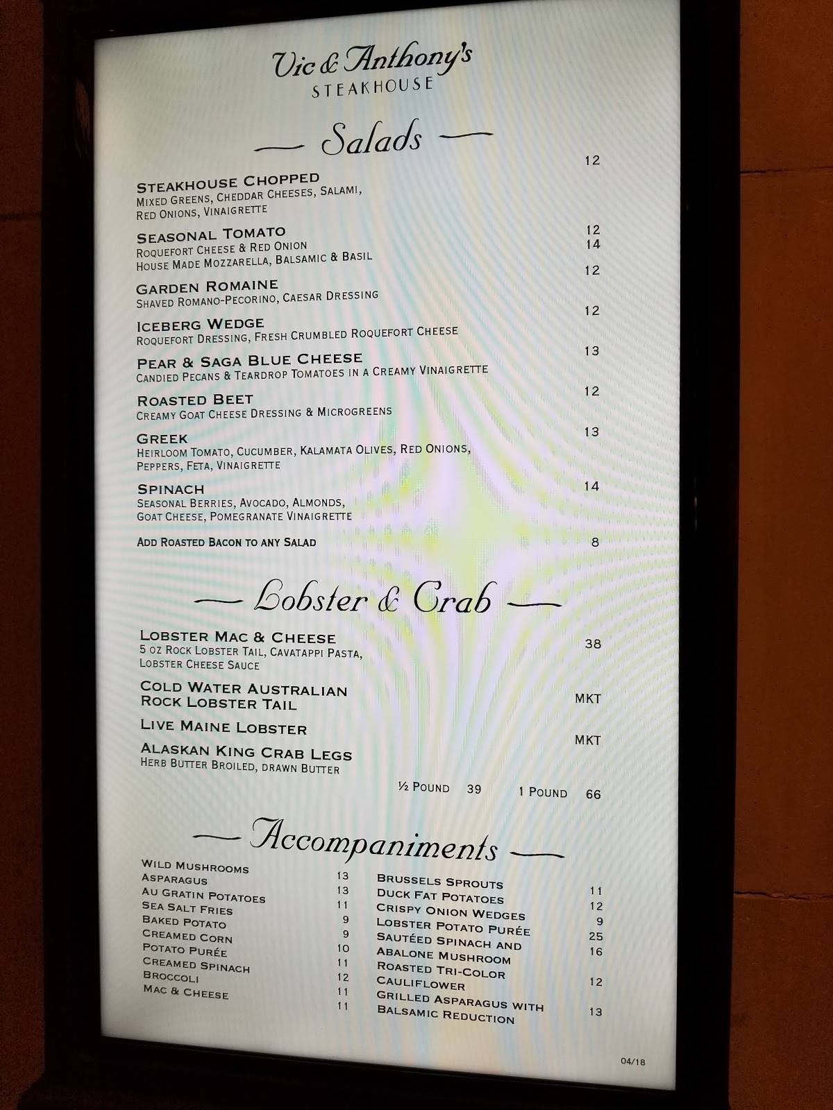Menu at Vic & Anthony's Steakhouse, Las Vegas