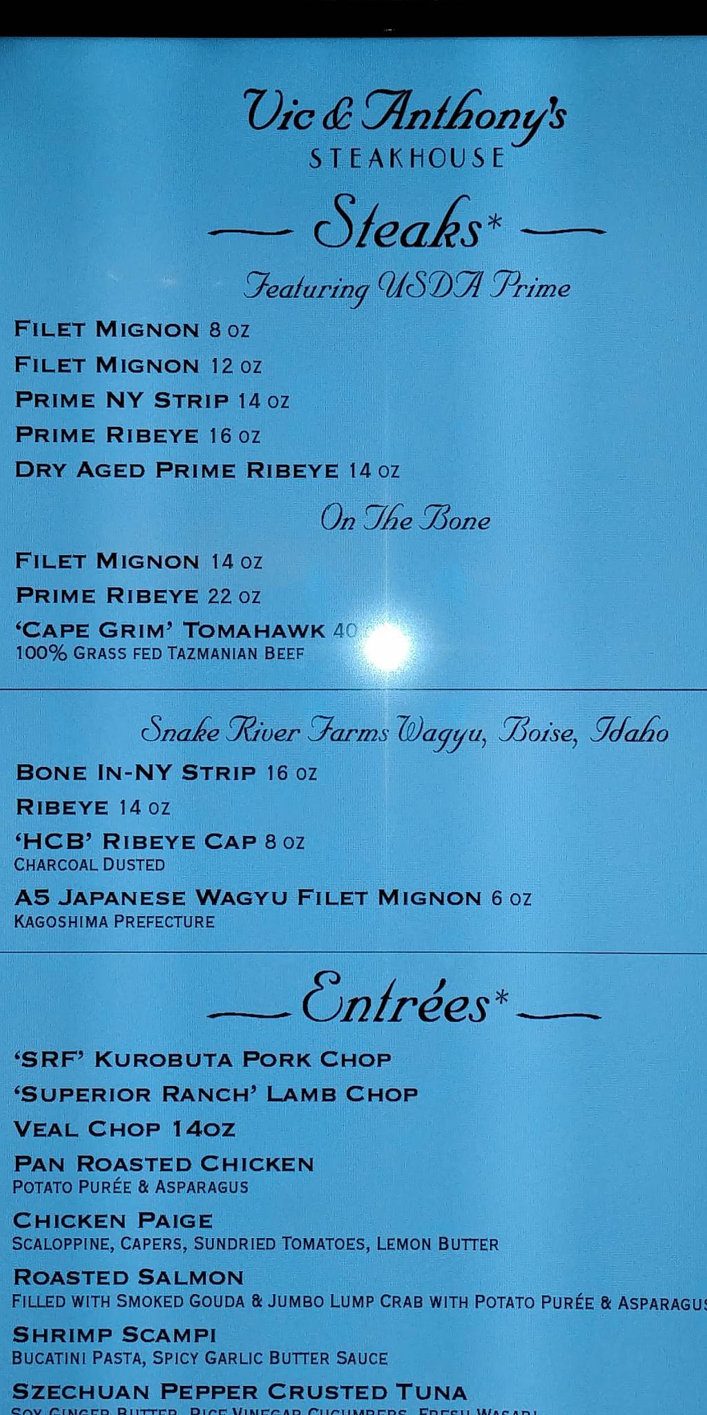 Menu at Vic & Anthony's Steakhouse, Las Vegas