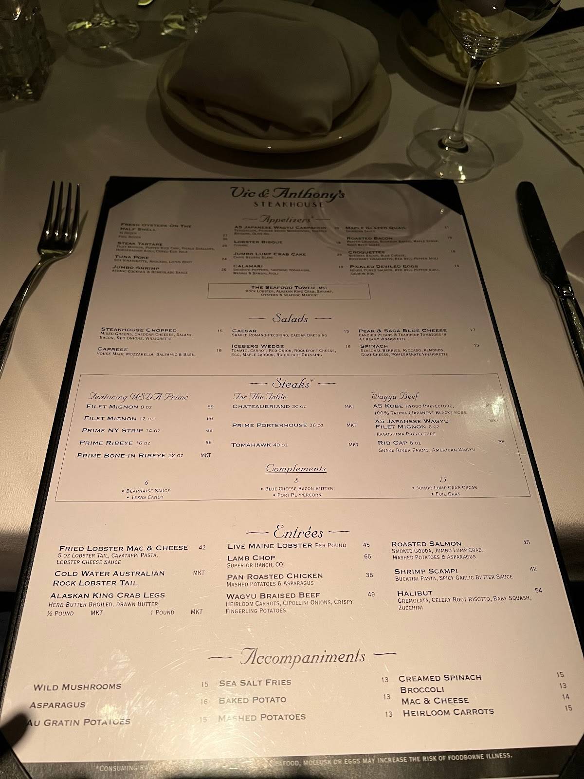 Menu at Vic & Anthony's Steakhouse, Las Vegas