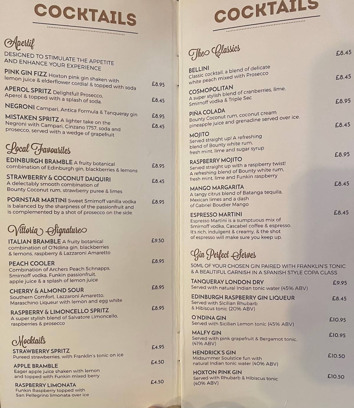 Menu at Vittoria on the Bridge restaurant, Edinburgh, 19 George IV Bridge