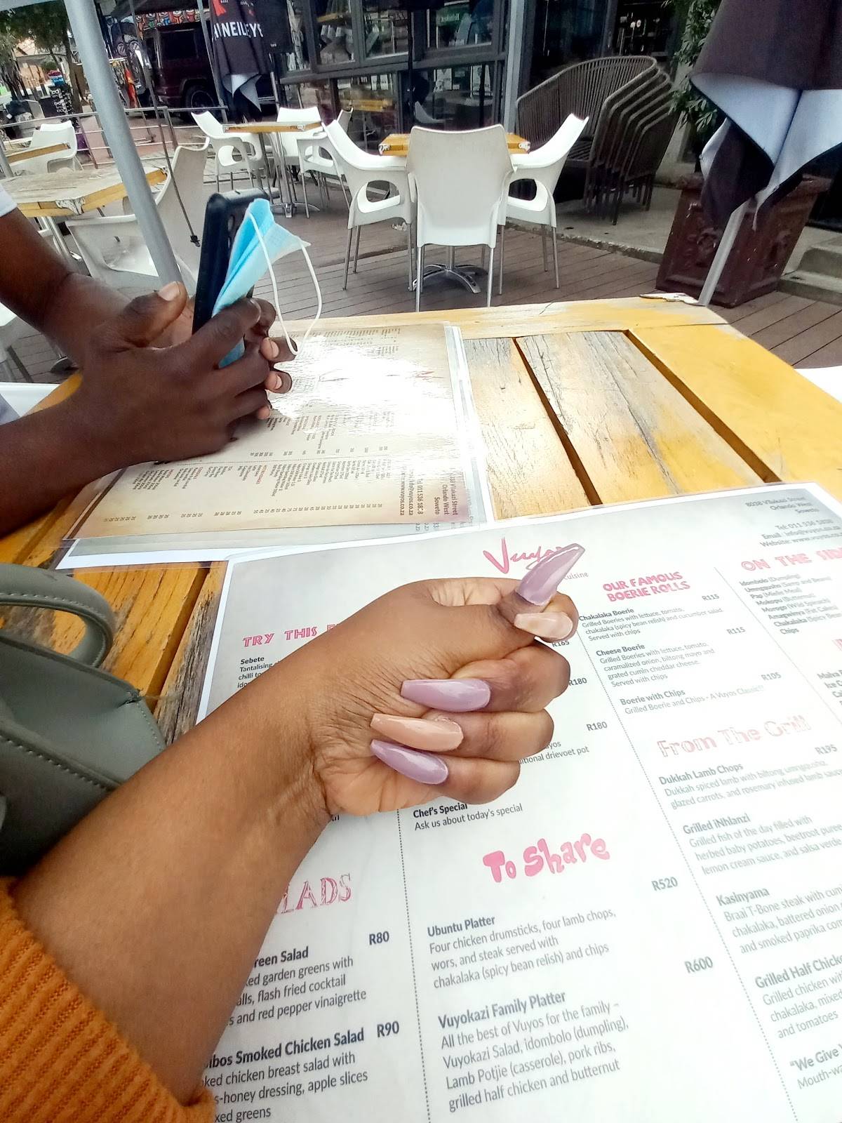 Menu at Vuyos Restaurant, Soweto, Vilakazi St