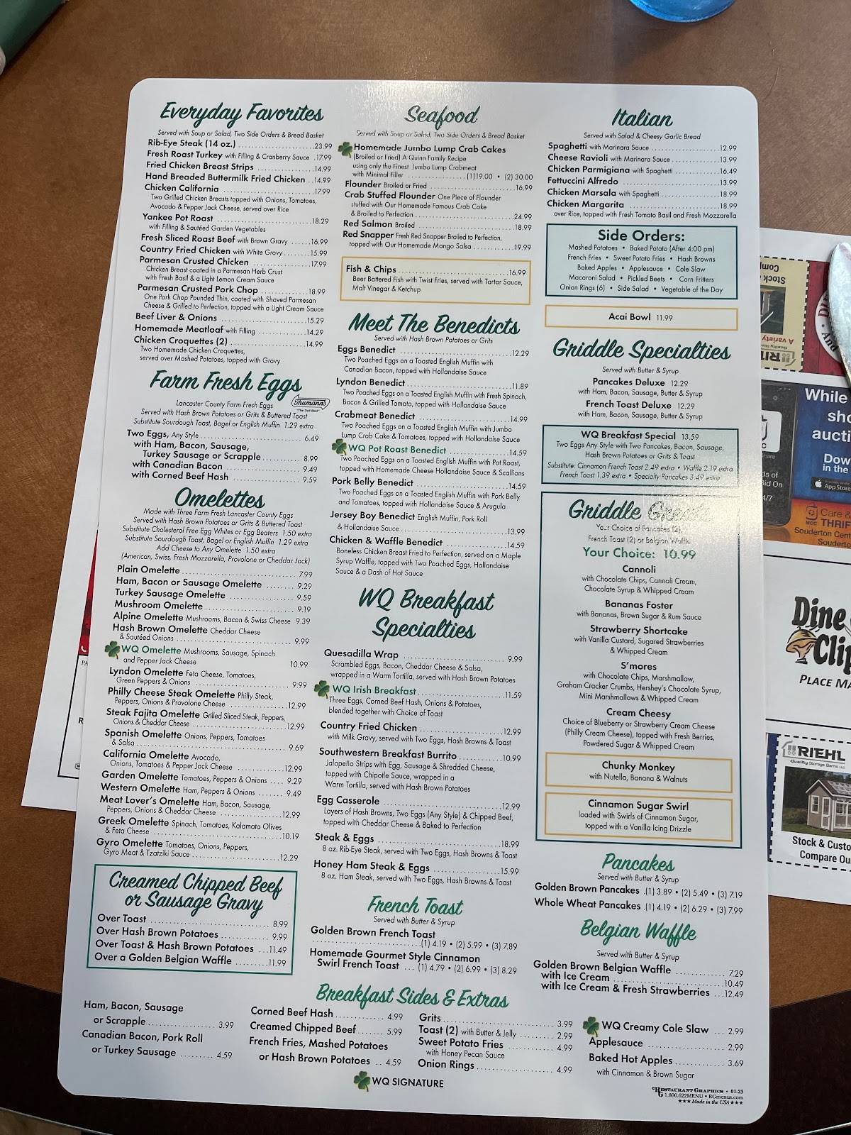 Menu at WQ Diner restaurant, Pottstown
