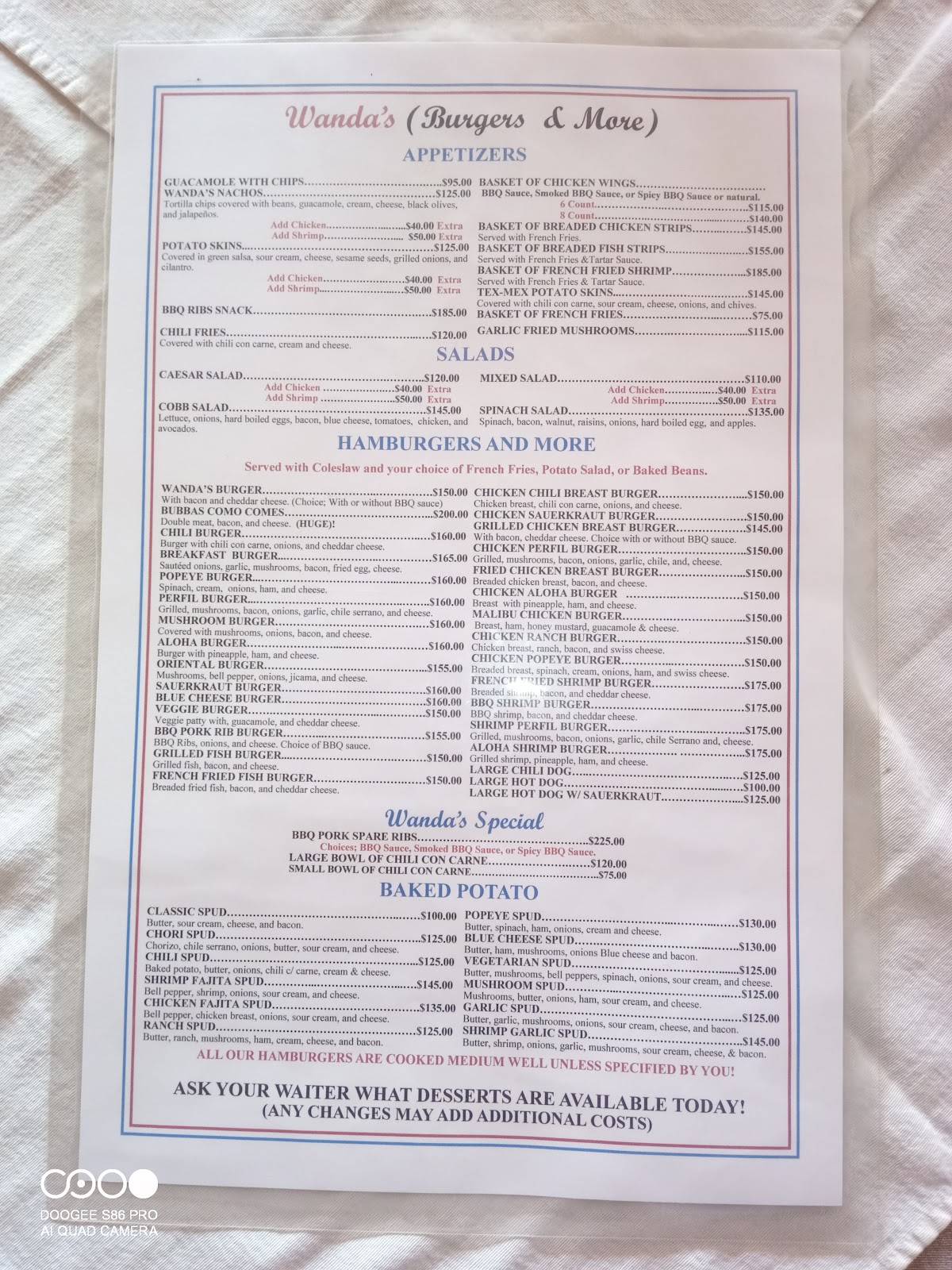Menu at Wanda's Burger & Ribs restaurant, Rincón de Guayabitos