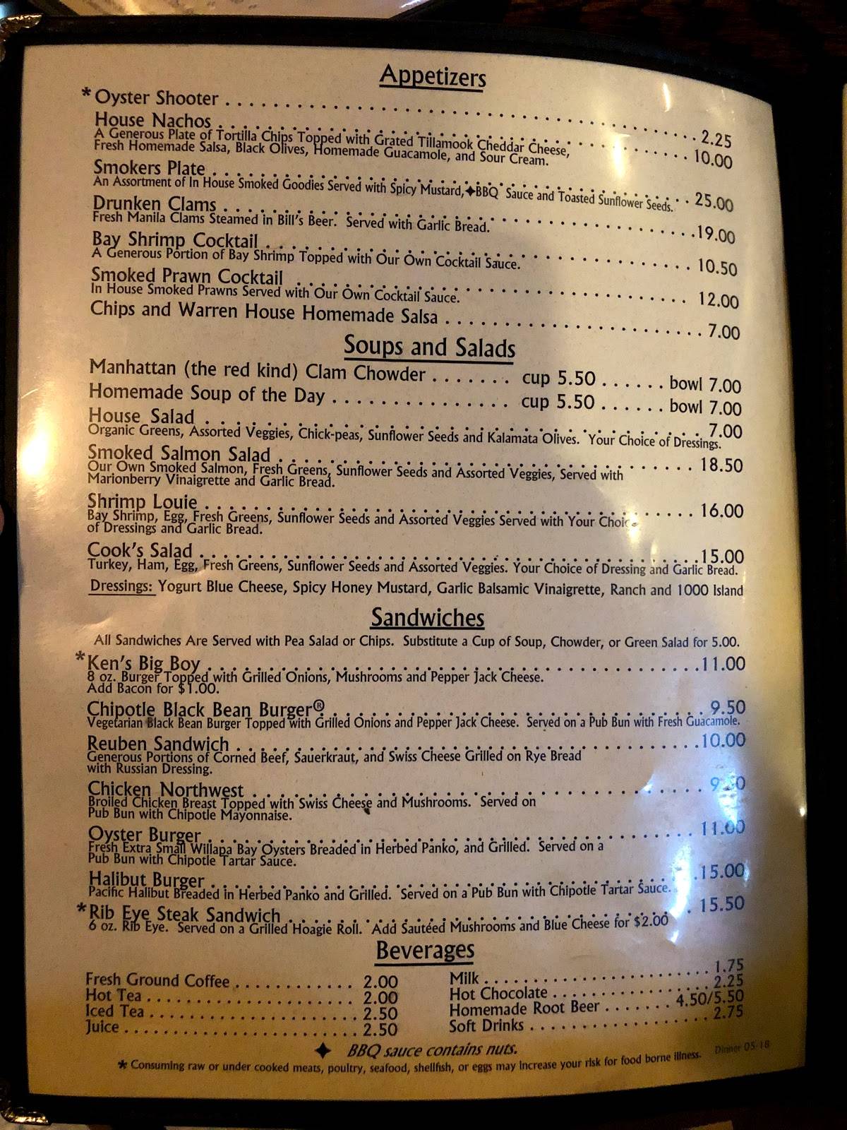 Menu at Warren House Pub, Cannon Beach