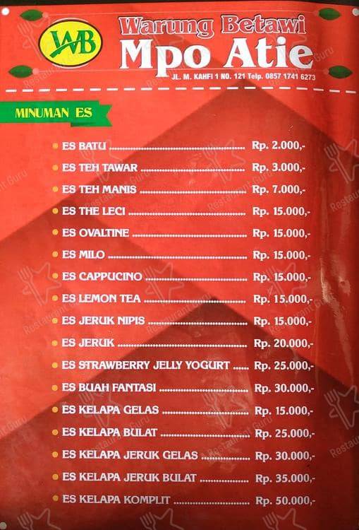 Menu at Warung Betawi Mpo Ati restaurant, South Jakarta