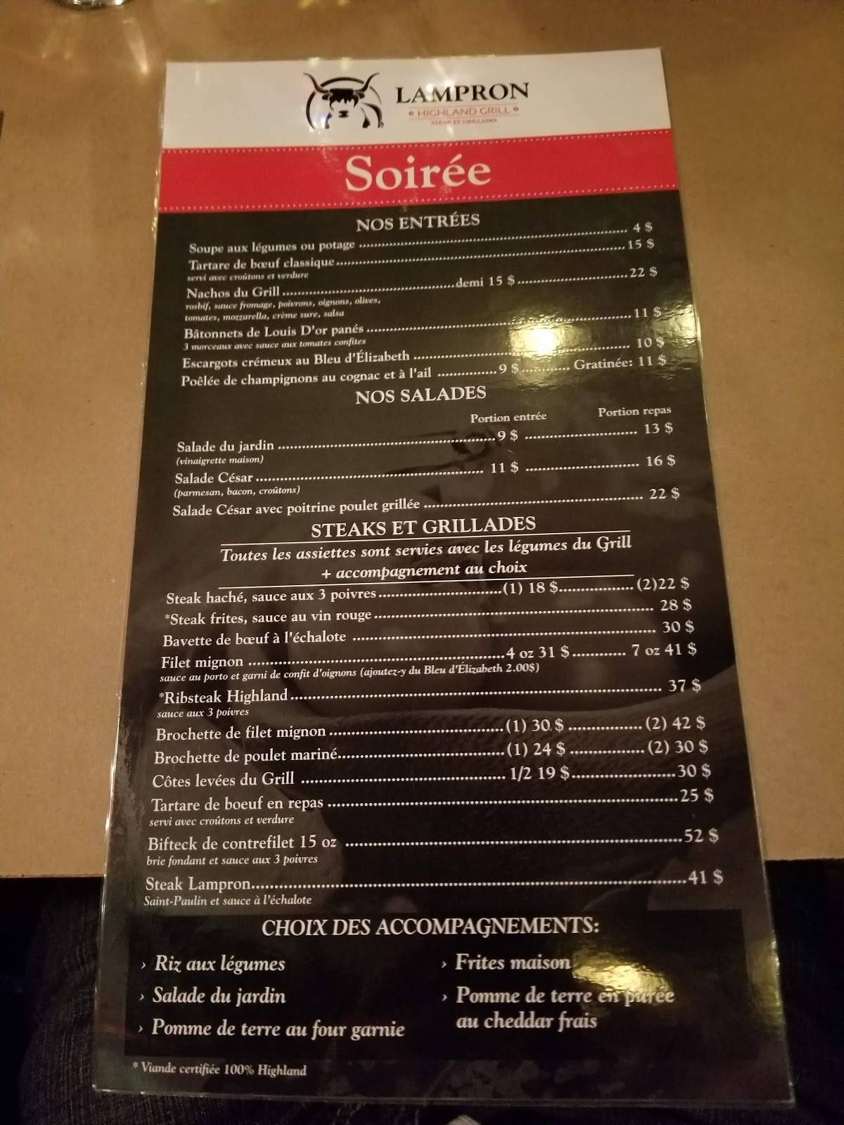 Menu at Lampron Highland Grill / Signé Lampron BBQ, Warwick