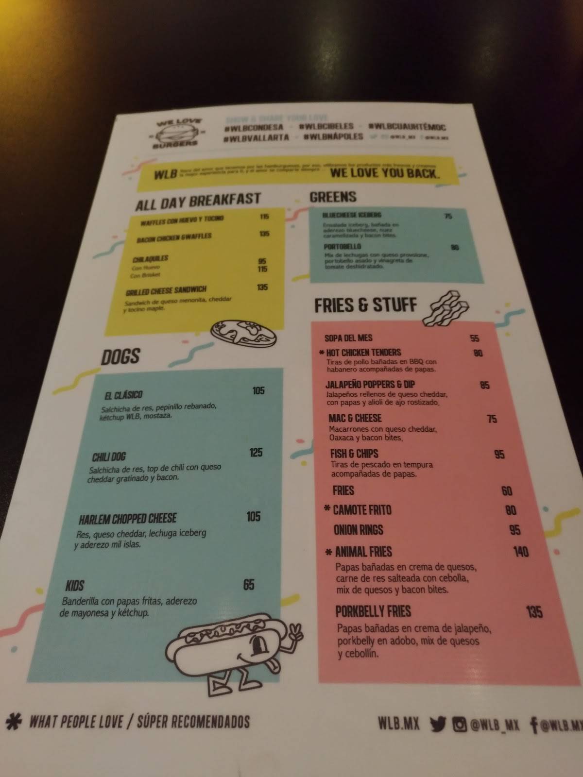 Menu at We Love Burgers restaurant, Ciudad López Mateos, C. Río Lerma 159
