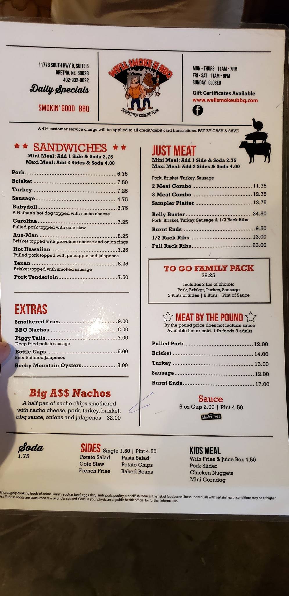 Carta de We'll Smoke You BBQ, Gretna