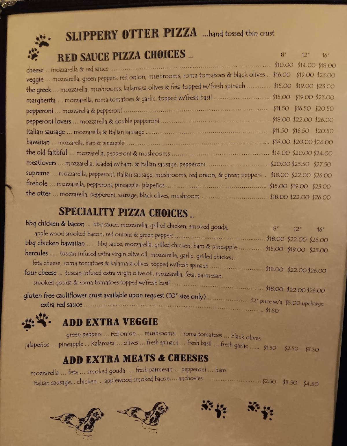 Menu at Slippery Otter Pub, West Yellowstone, 139 N Canyon St