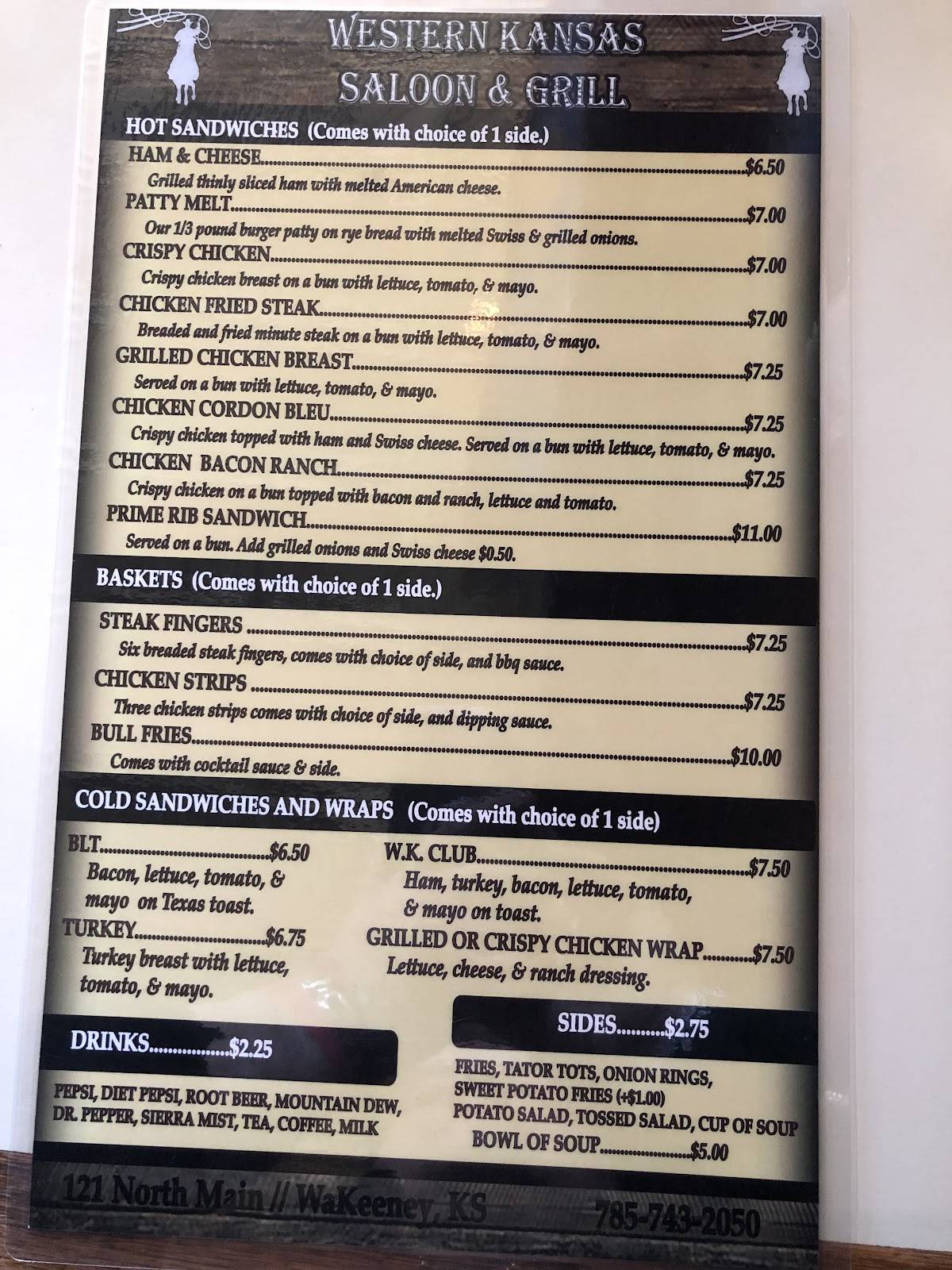 Menu at Western Kansas Saloon & Grill steakhouse, WaKeeney