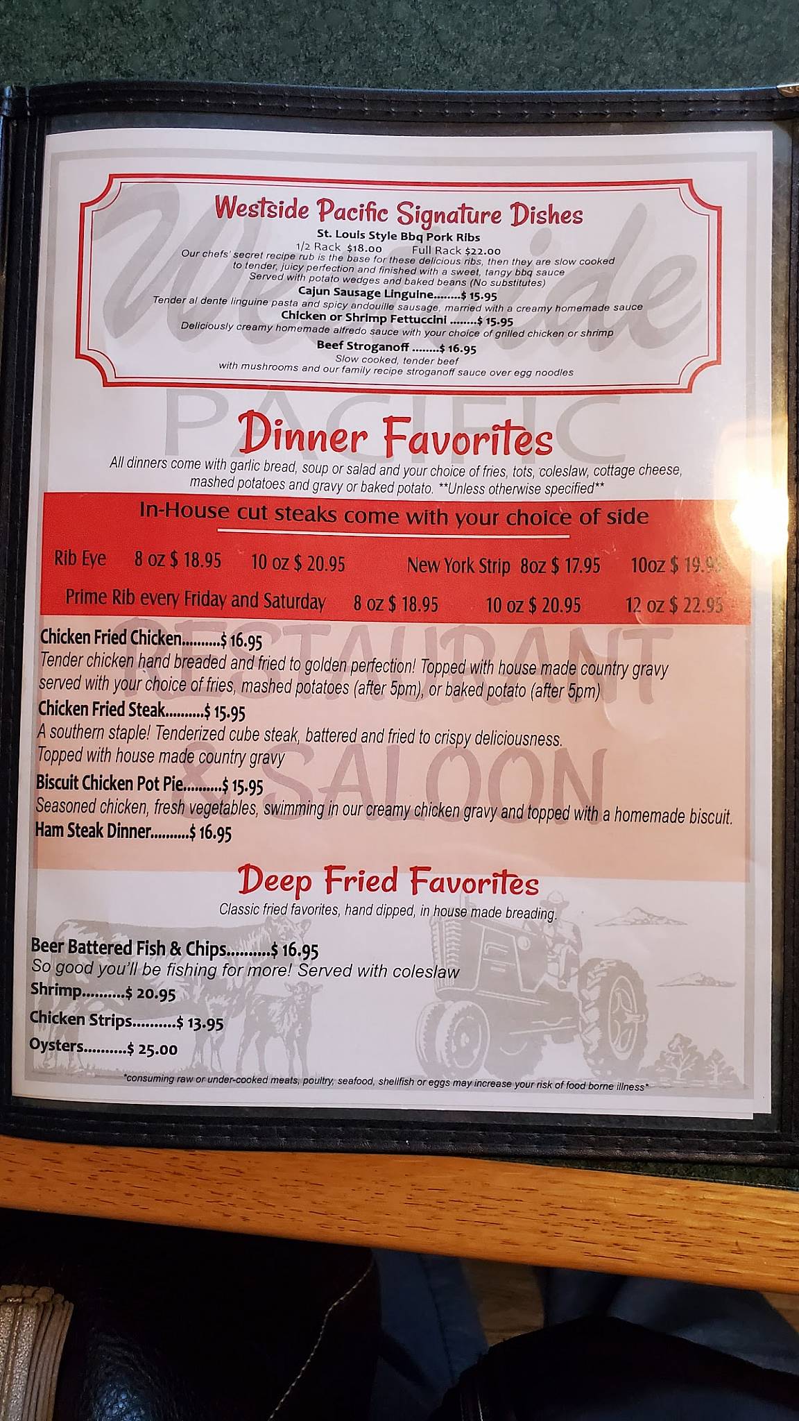 Menu at Westside Pacific Family Restaurant and Saloon, Rickreall