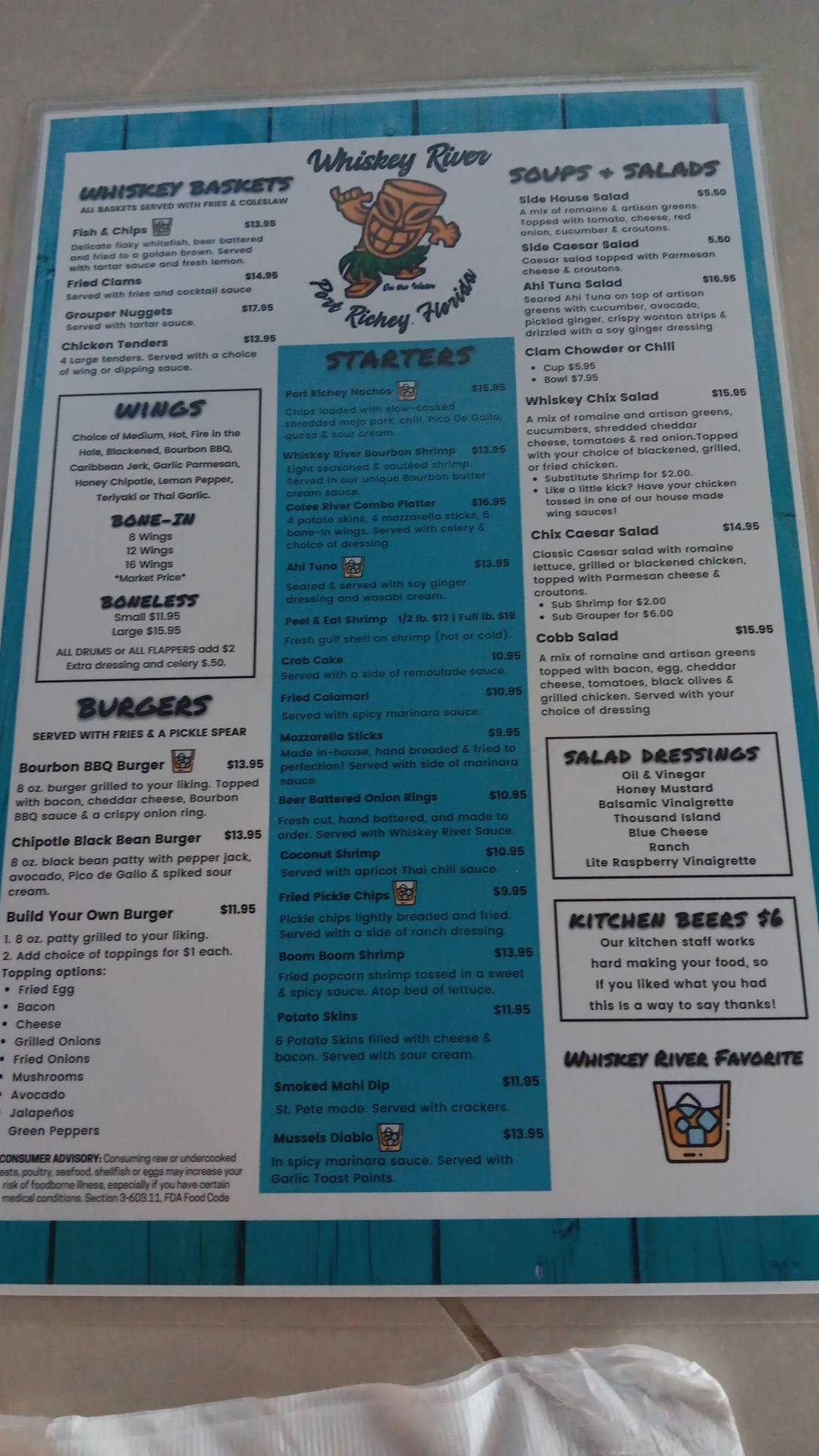 Menu at Whiskey River On The Water pub & bar, Port Richey