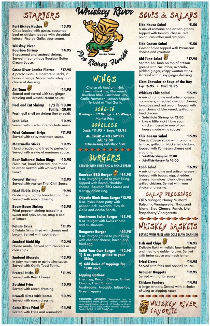 Menu at Whiskey River On The Water pub & bar, Port Richey