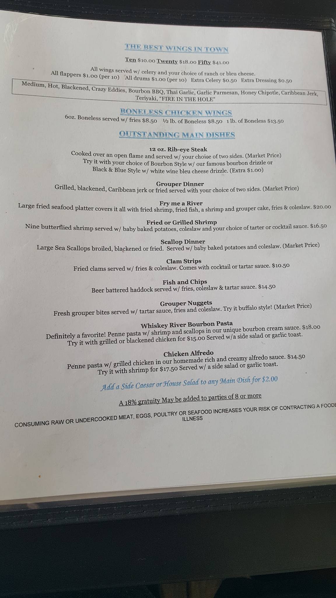 Menu at Whiskey River On The Water pub & bar, Port Richey