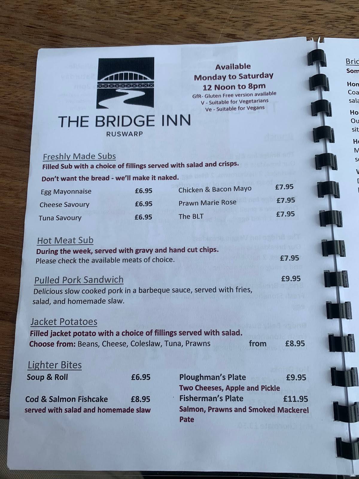 Menu at The Bridge Inn pub & bar, Whitby, High St