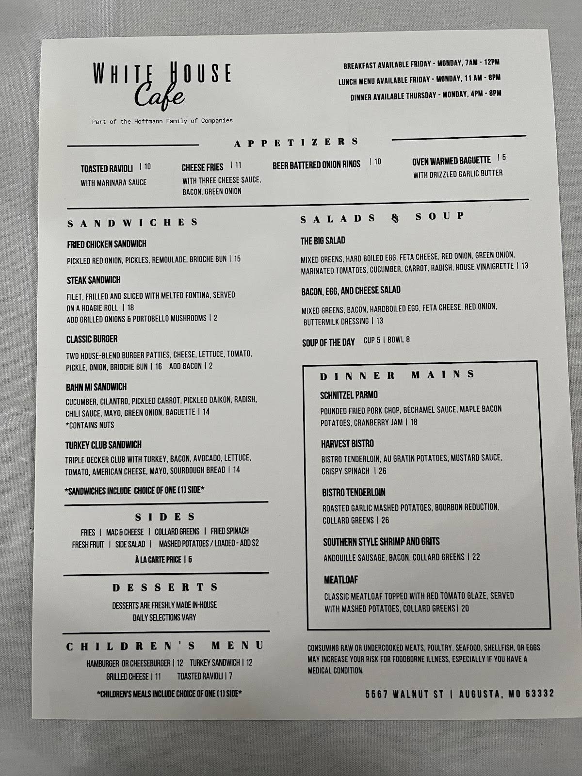 Menu at White House Cafe, Augusta