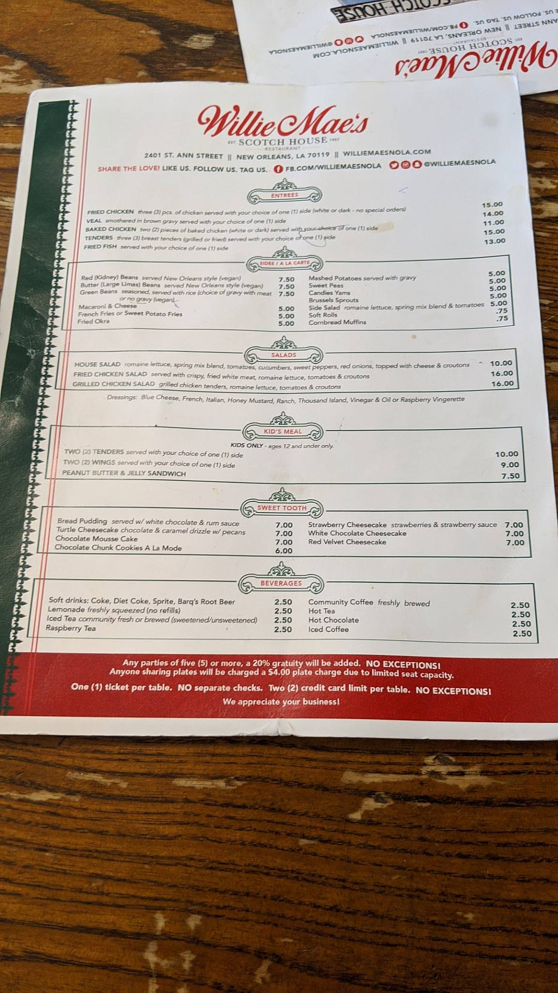 Menu at Willie Mae's Scotch House restaurant, New Orleans