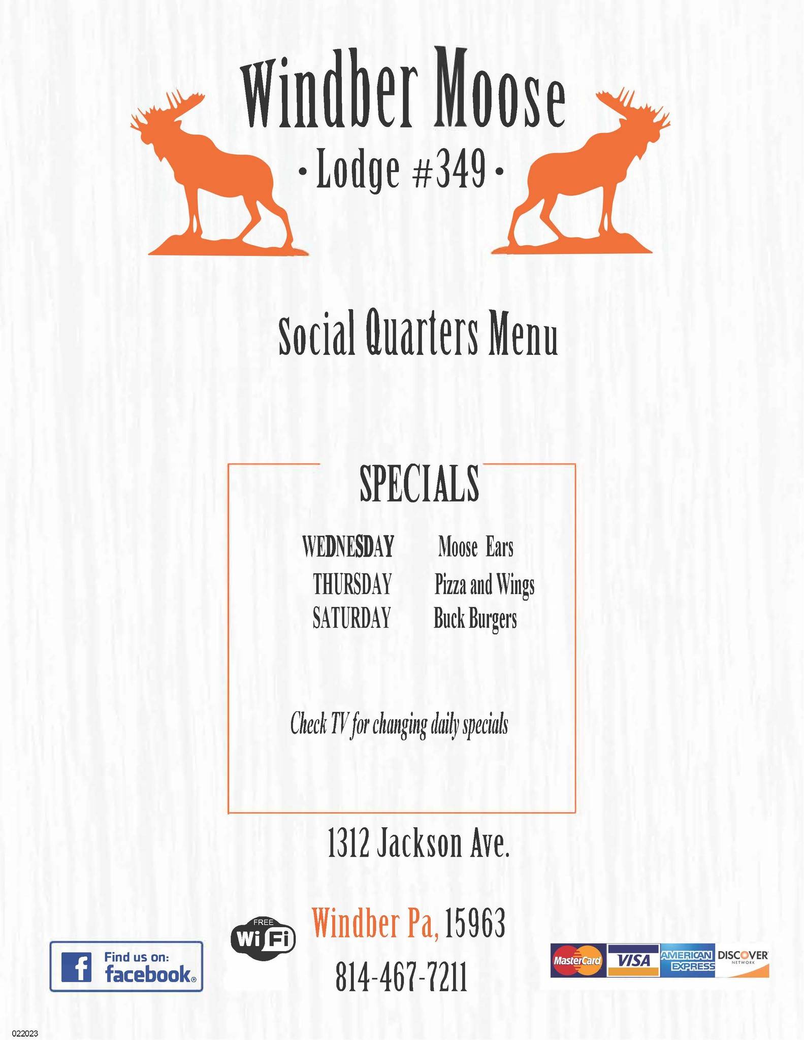 Menu at Windber Moose Lodge #349 Loyal Order of Moose, Windber