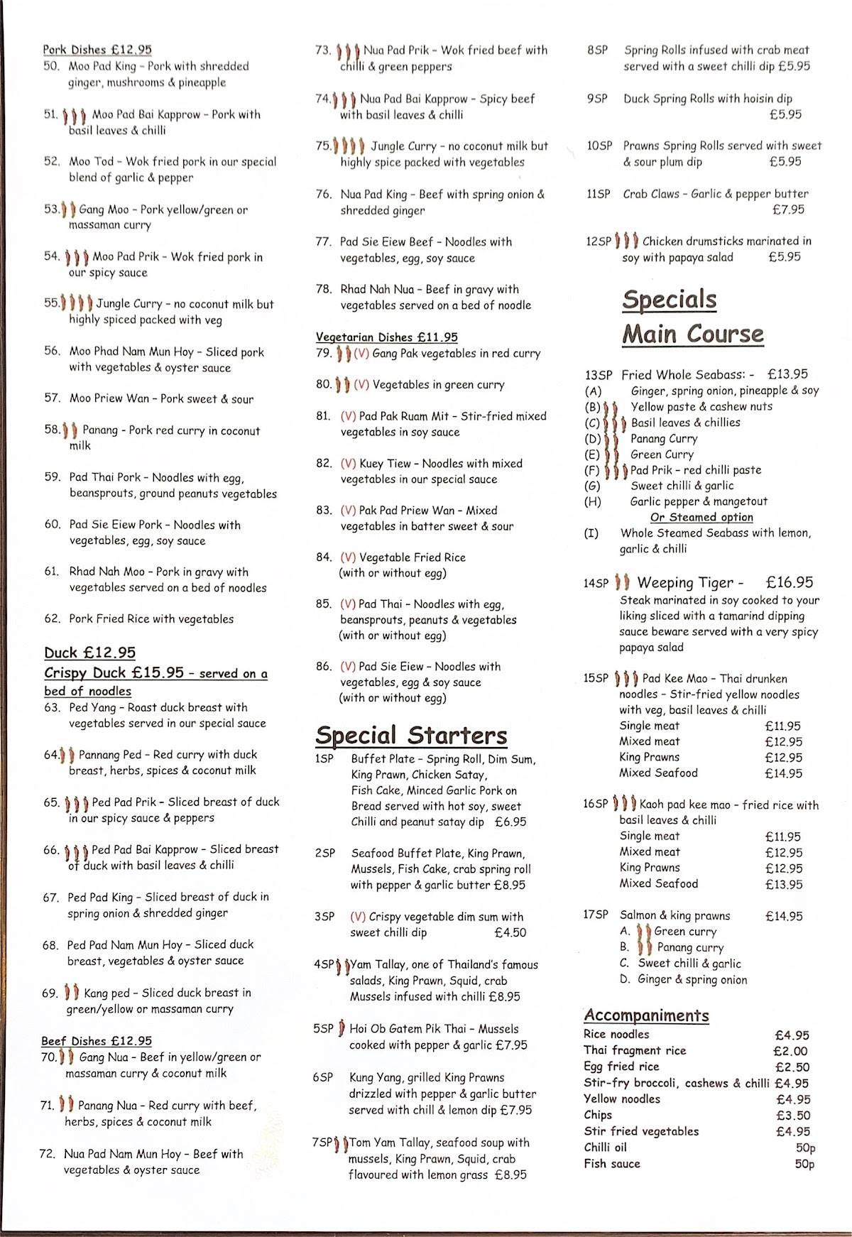 Menu at Y'Thai restaurant, Stokesley
