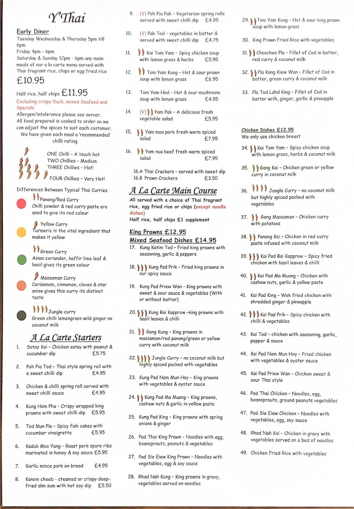 Menu at Y'Thai restaurant, Stokesley