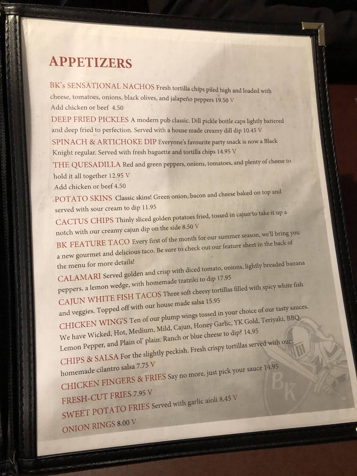 Menu at The Black Knight Pub, Yellowknife