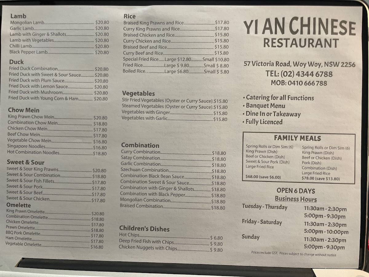 Menu at Yi An Chinese Restaurant Woy Woy, Woy Woy