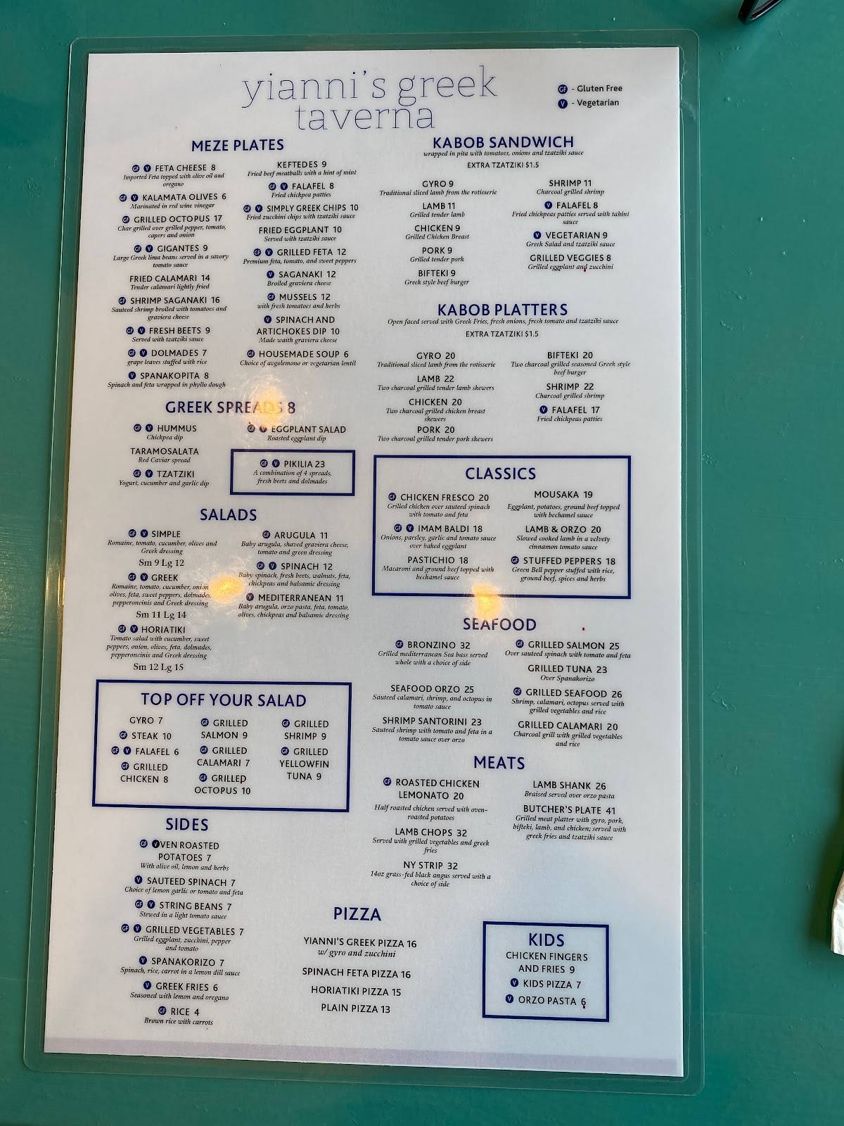 Menu at Yianni's Greek Taverna restaurant, Brick
