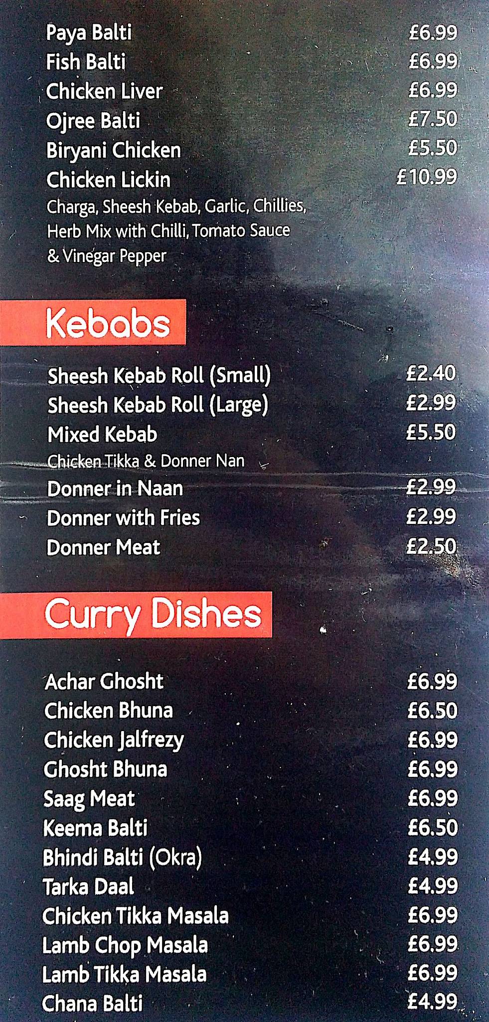 Menu at Zam Zam Kebabish restaurant, Birmingham