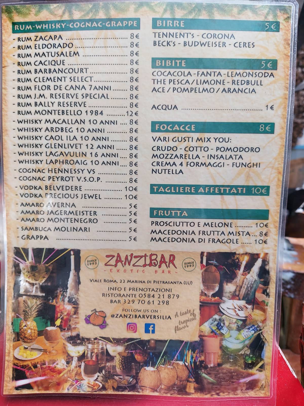 Menu da Zanzibar Versilia cocktail bar, Pietrasanta