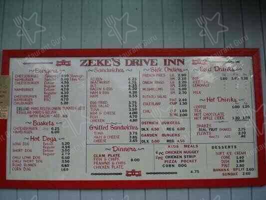 Menu at Zeke's Drive In restaurant, May Creek, US-2