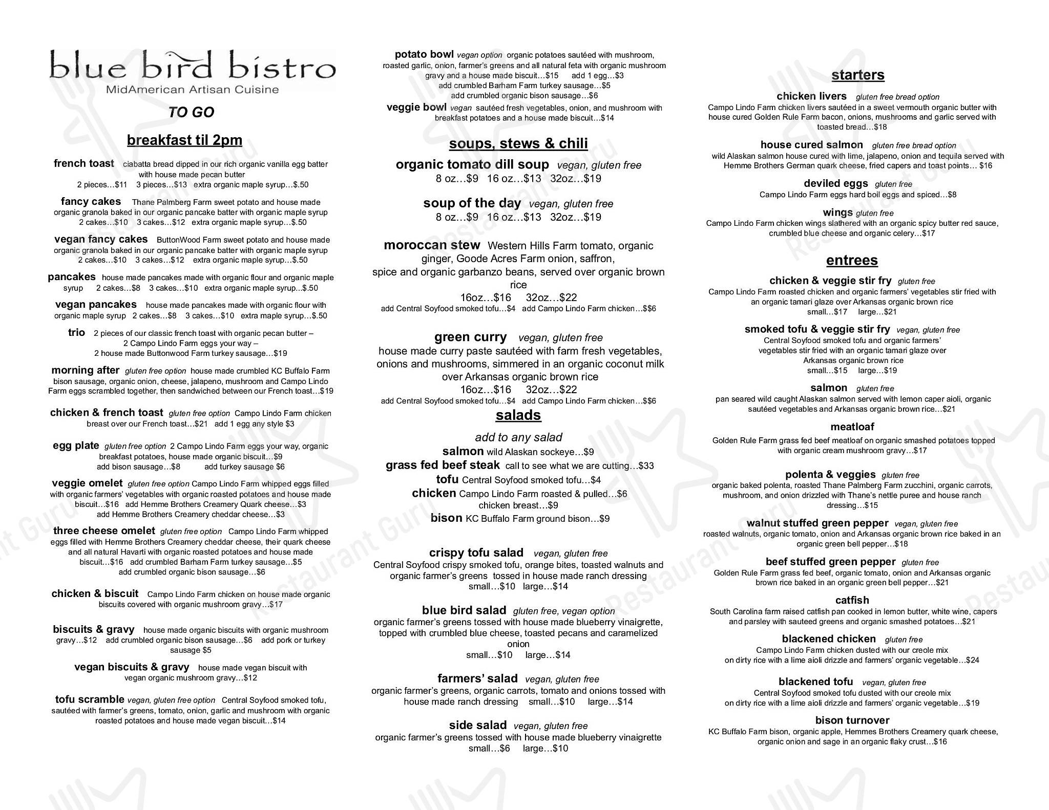 Menu at blue bird bistro restaurant, Kansas City