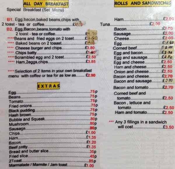 Menu at Tattlers Cafe, London