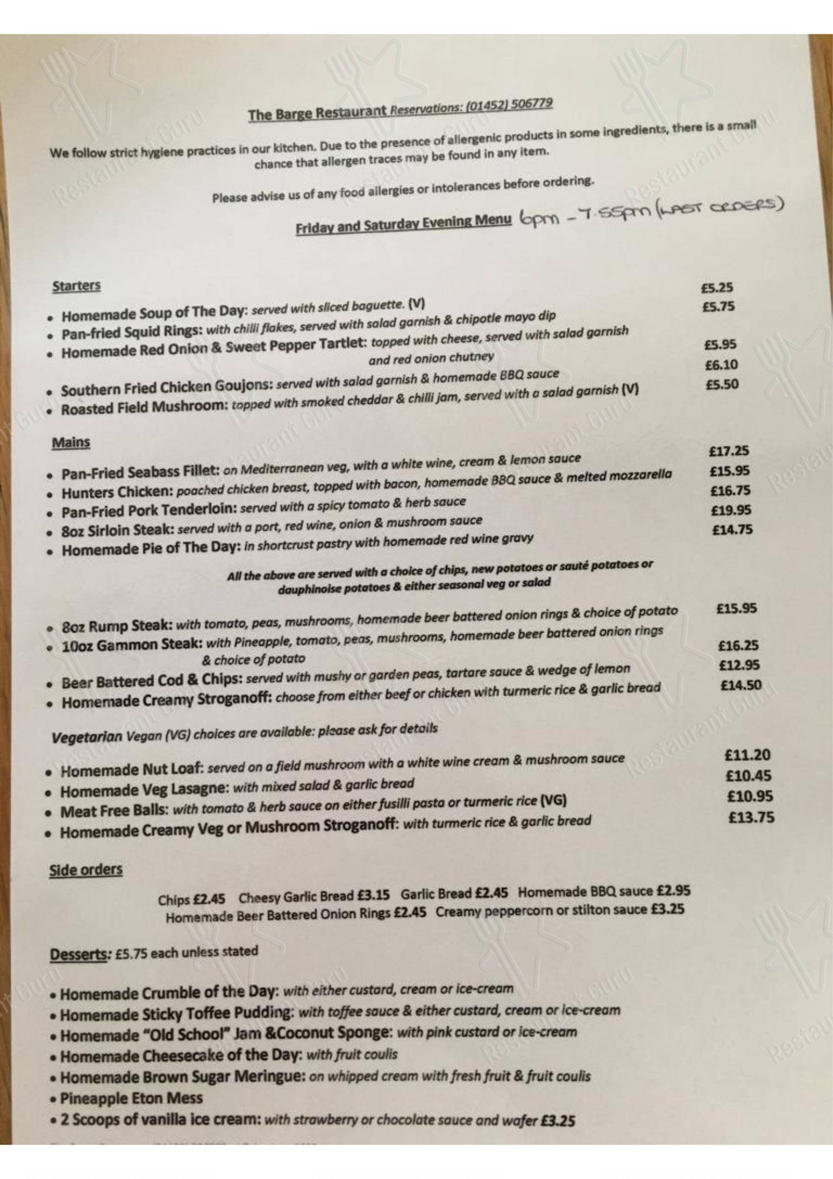 Menu at The Barge Restaurant, Gloucester