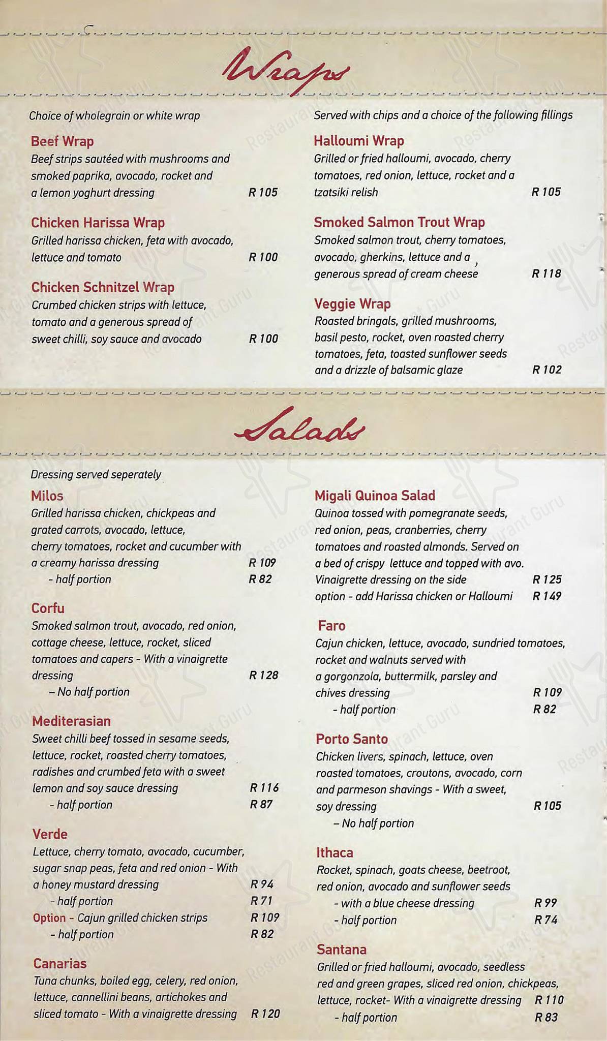 Menu at Migali restaurant, Johannesburg, Oaklands Shopping Center
