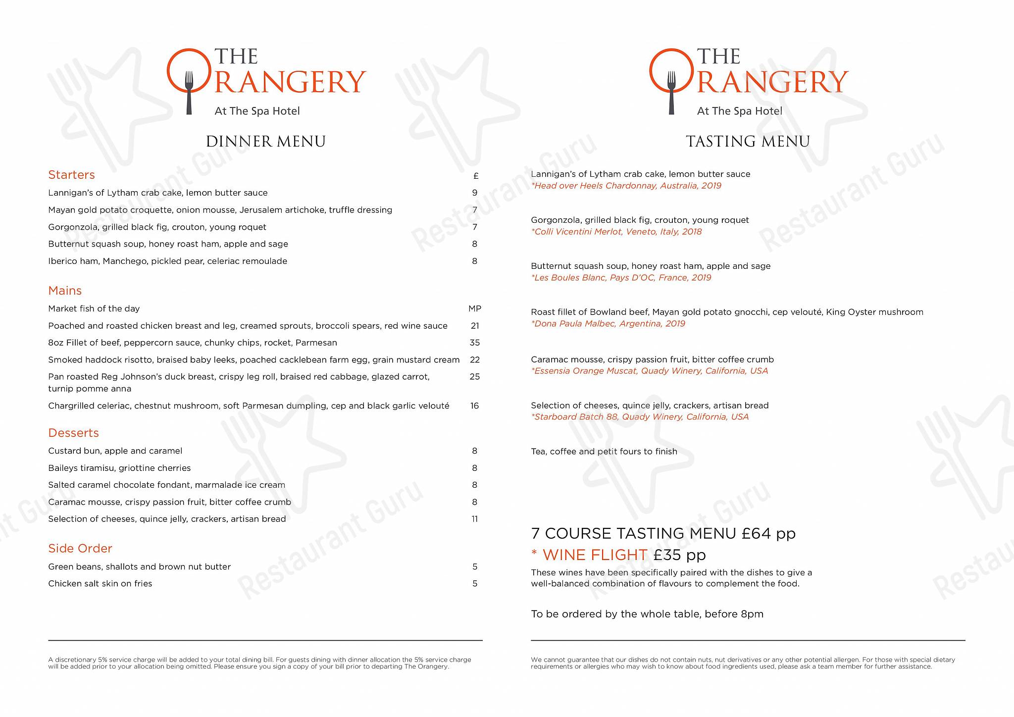 Menu at The Orangery at The Spa Hotel restaurant, Ribby-with-Wrea ...