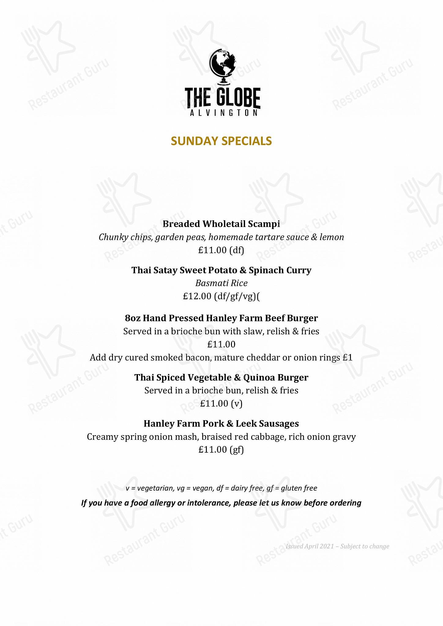 Menu at The Globe Inn, Alvington pub & bar, Lydney