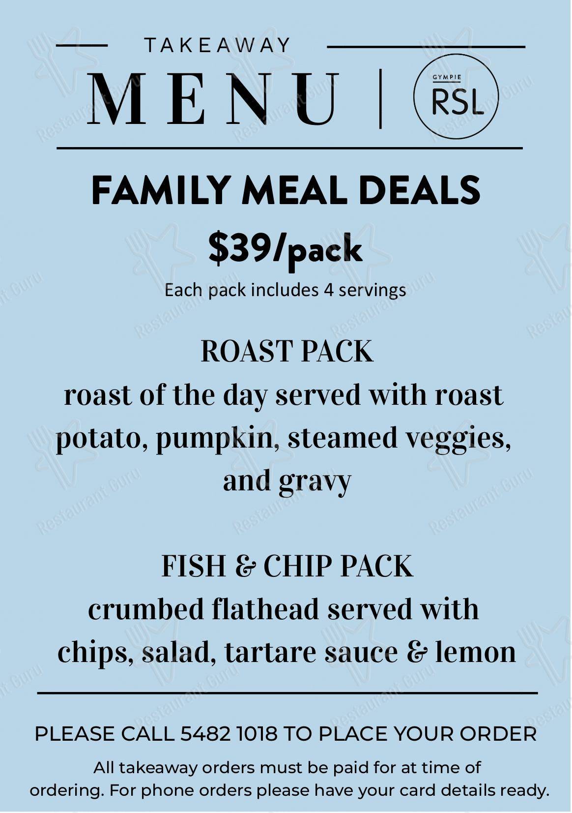 Menu at Gympie RSL Club, Gympie
