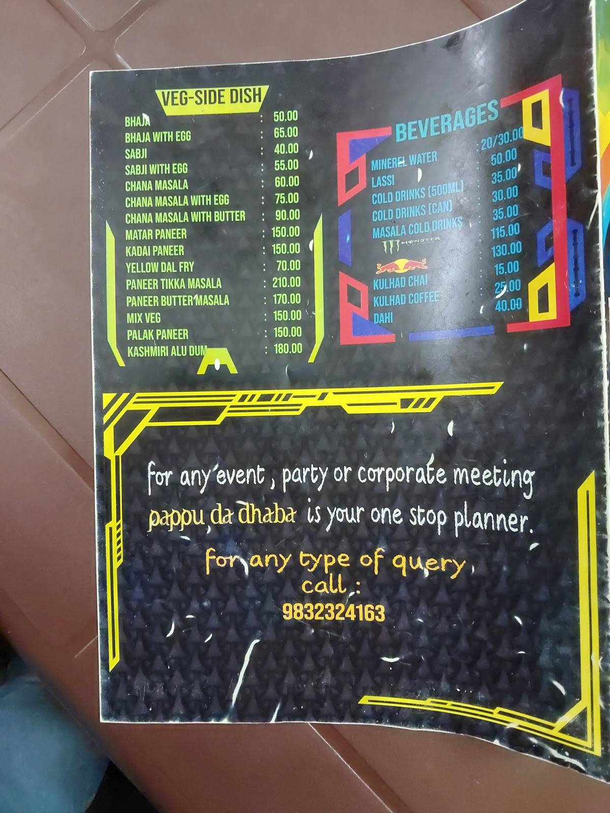 Menu at Pappu Da Dhaba, India, Dakshingram Palsanda