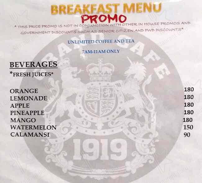 Menu at 1919 Grand Cafe, Manila