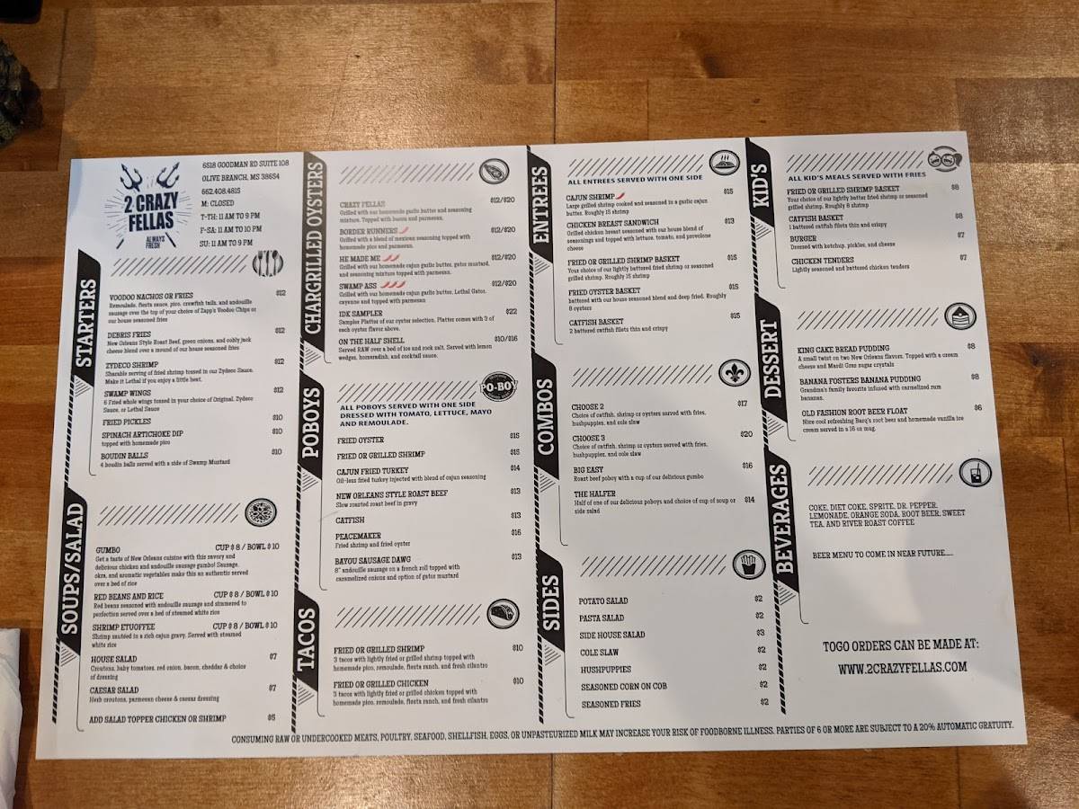 Menu at 2 Crazy Fellas restaurant, Olive Branch, Goodman Rd #108