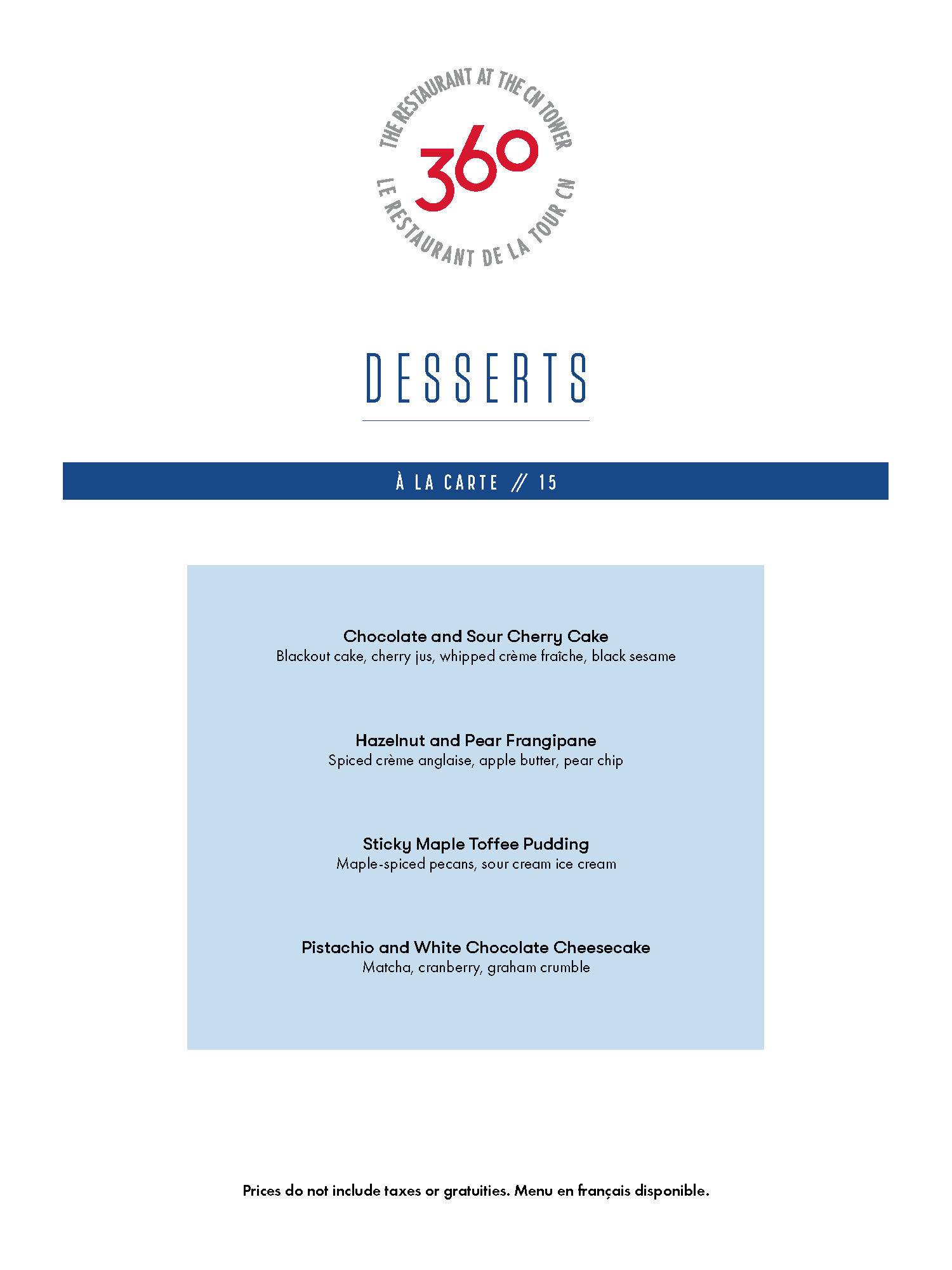 Menu at 360 The Restaurant at the CN Tower, Toronto