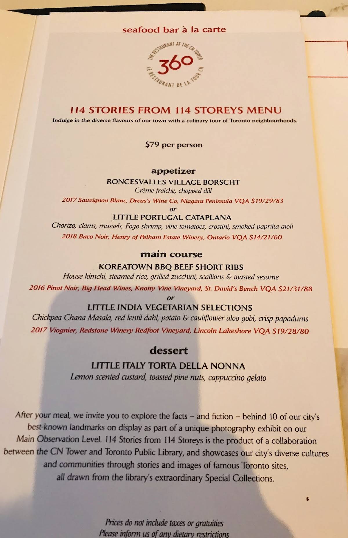 Menu at 360 The Restaurant at the CN Tower, Toronto